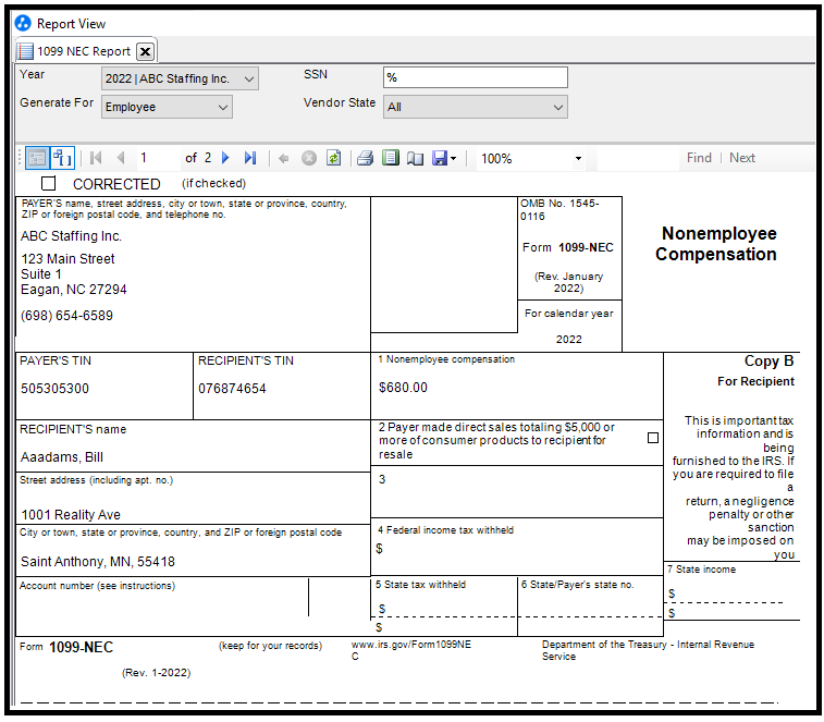 Standard Report - 1099 NEC Report – Avionte Classic