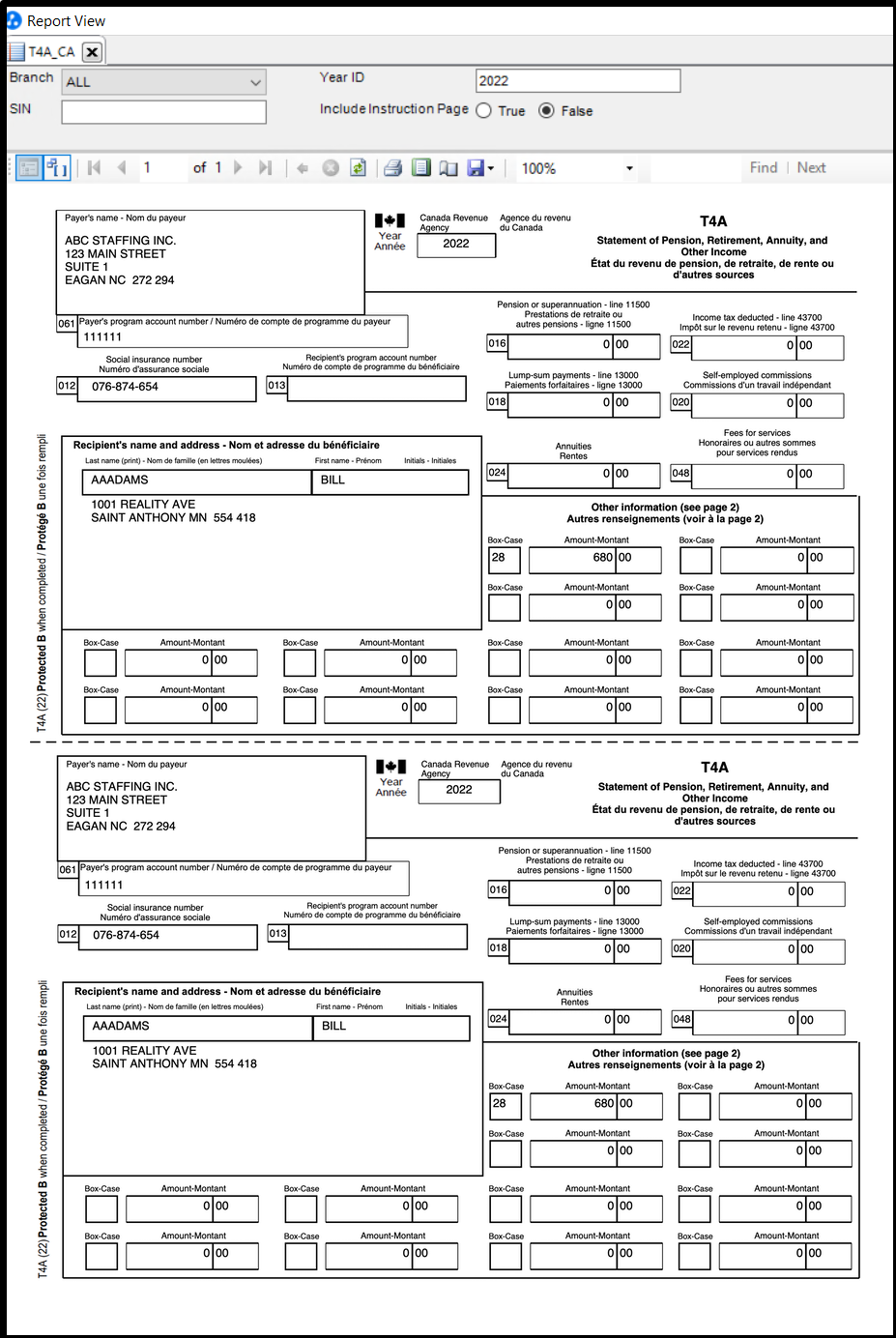 Standard Canadian Report - T4A_CA – Avionte Classic