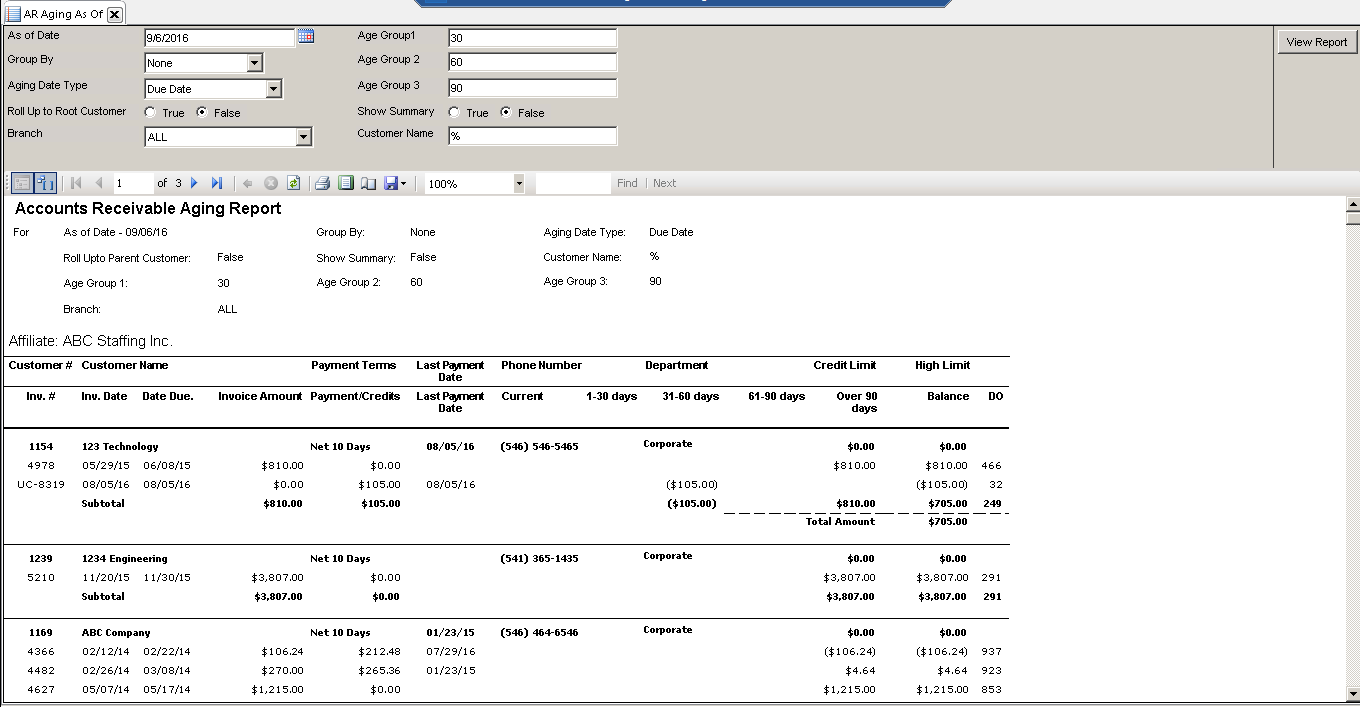 Standard Report - AR Aging As Of – Avionte Classic