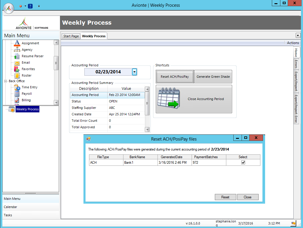 Weekly Process - Reset ACH/PosiPay – Avionte Classic
