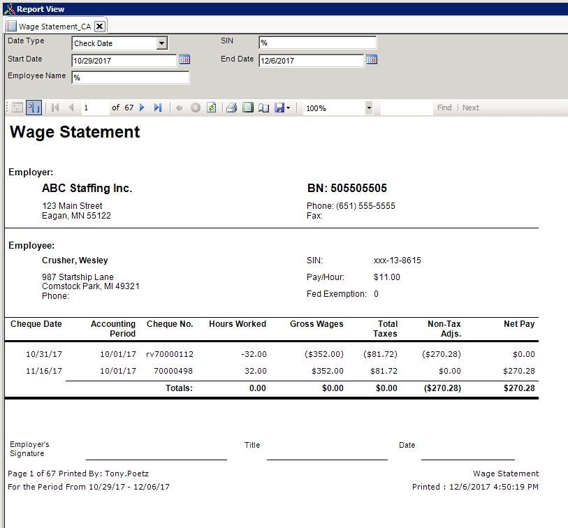 Standard Canadian Report - Wage Statement_CA – Avionte Classic