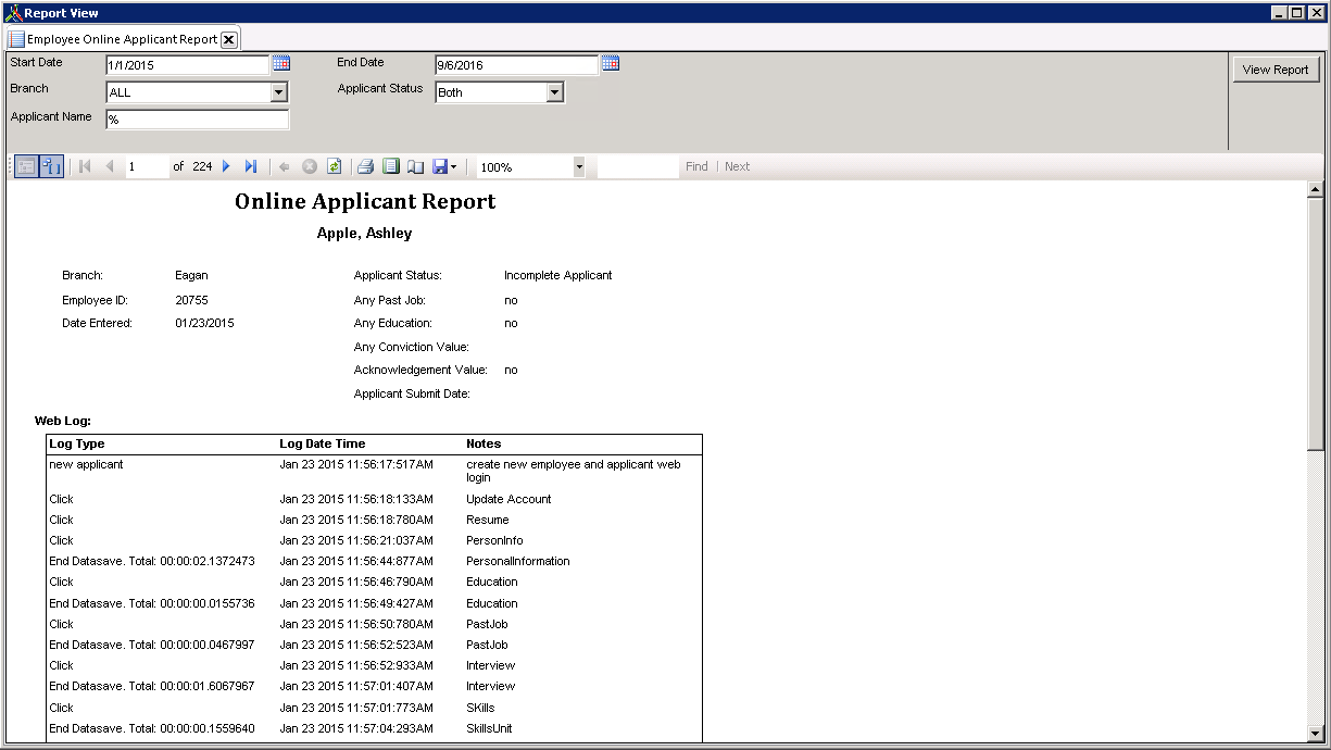 Standard Report - Employee Online Applicant – Avionte Classic