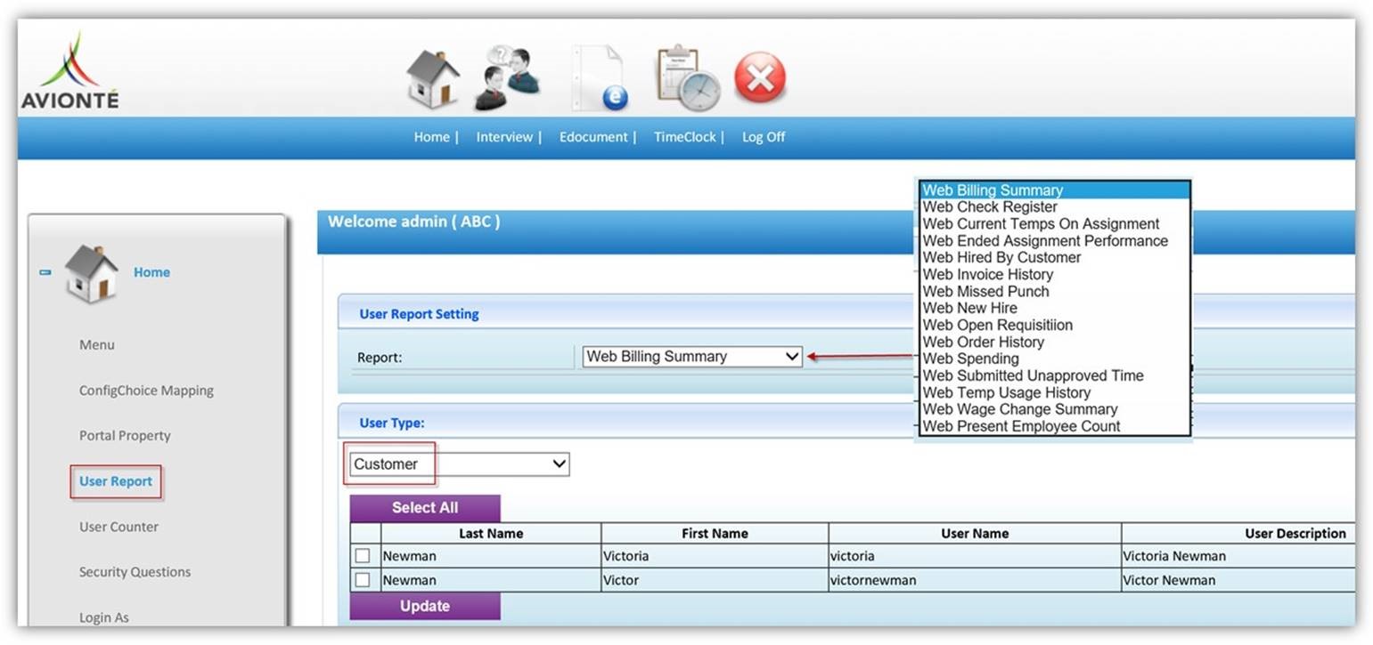 Admin Portal - User Report – Avionte Classic