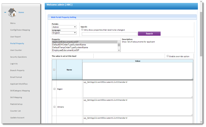 Admin Portal Property Settings - ApplicantEdocumentListSP – Avionte Classic