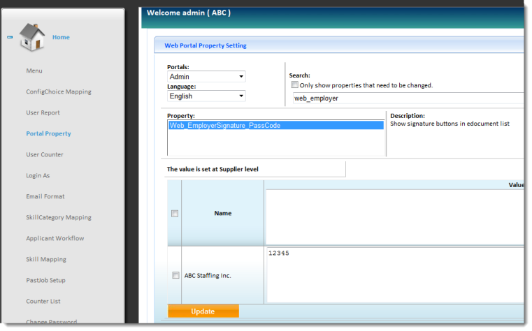 Admin Portal Property Settings - Web_EmployerSignature_PassCode – Avionte Classic