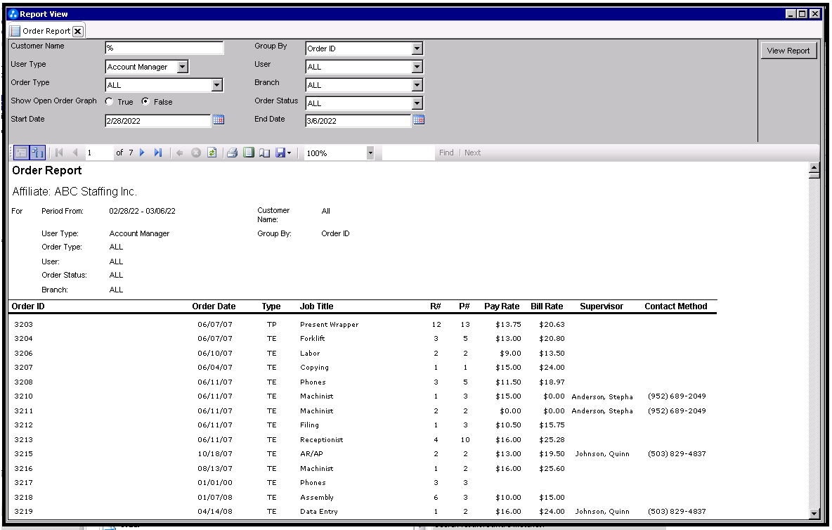 Standard Report - Order Report – Avionte Classic